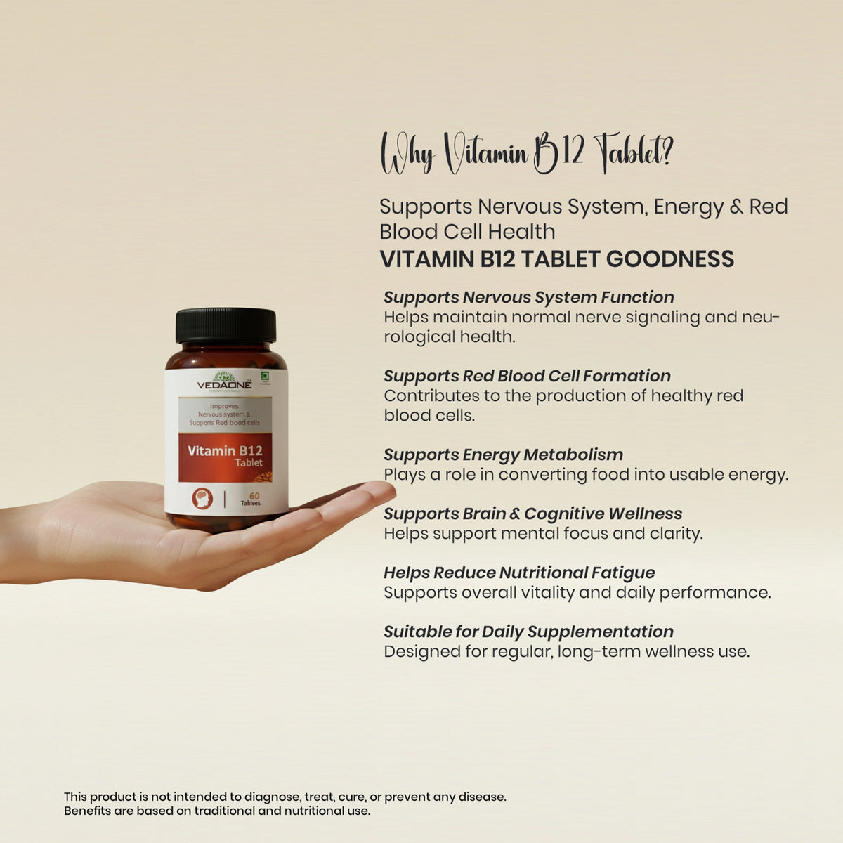 Vedaone Vitamin B12 Tablets 60 Tablets | Supports Nervous System, Ener ...